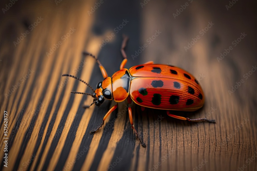 Firebug, a red insect with black spots, on a brown wooden background ...