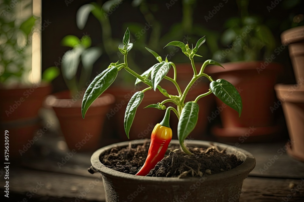 Growing chili peppers indoors. Chili peppers maturing in the garden, a ...