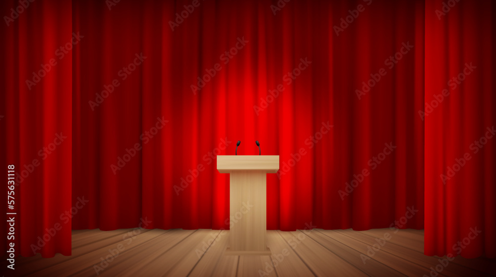 Red stage velvet curtain and wooden podium. Theater or opera scene ...