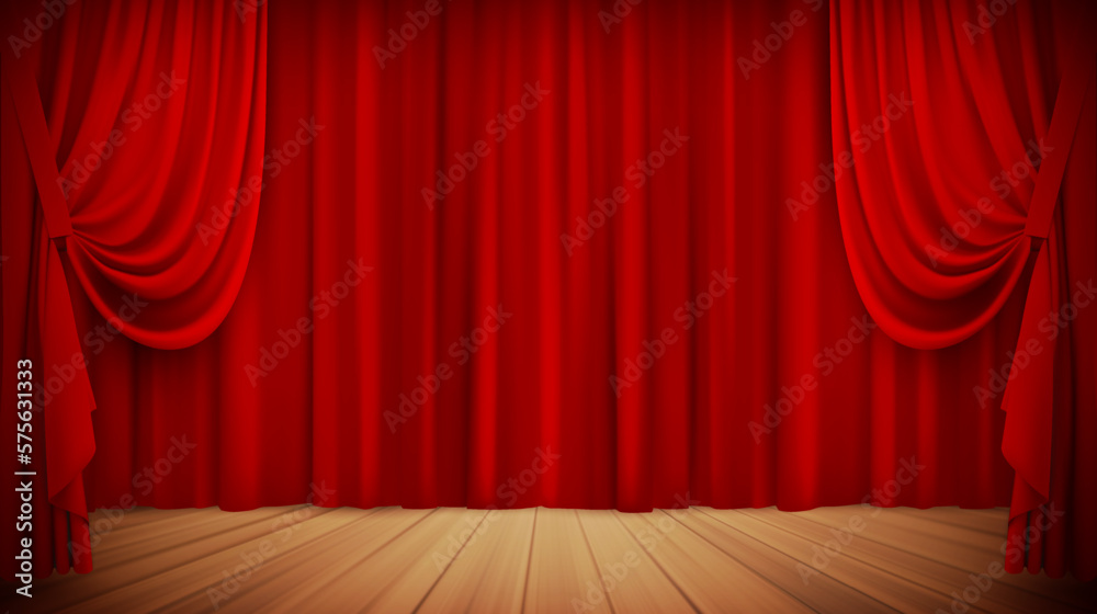 Red stage velvet curtain and wooden podium. Theater or opera scene ...