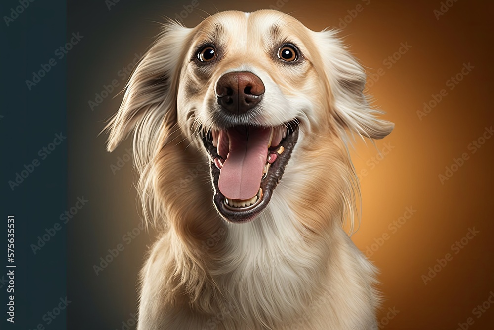 Cute female goldie dog in close up on a brown backdrop. holding up a ...