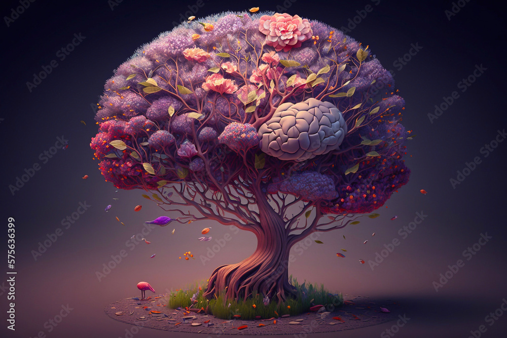 Human brain tree with flowers, self care and mental health concept ...
