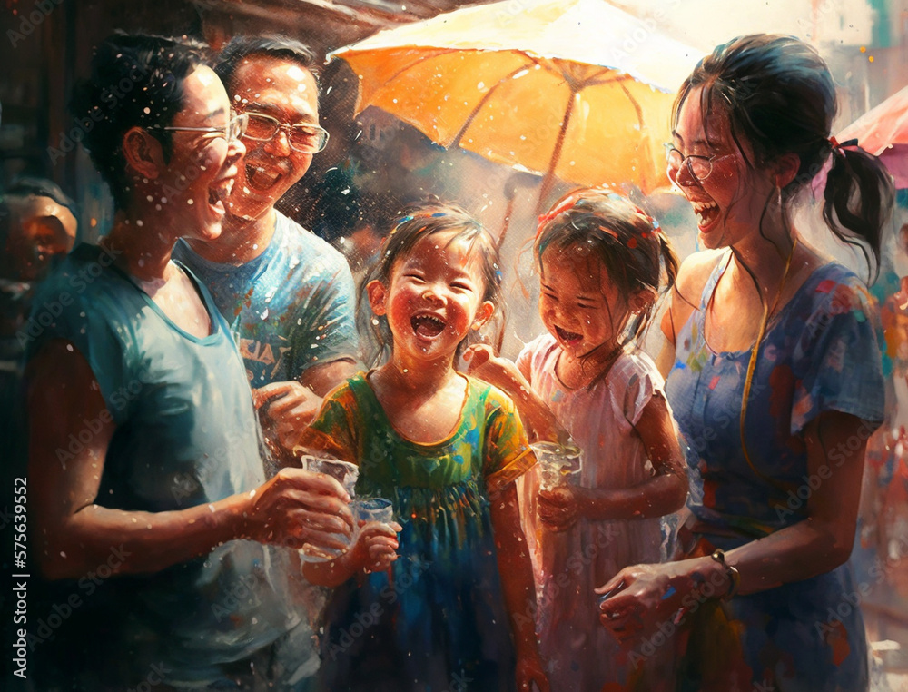 An Illustration of a Family Celebrating Songkran in the Street ...