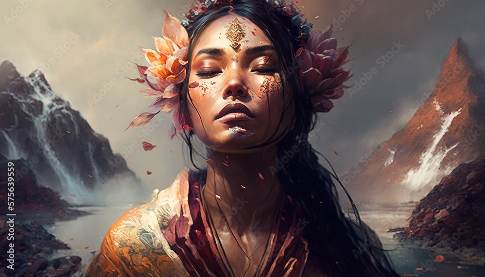 Beautiful Woman in meditation state illustration oil painting style ...