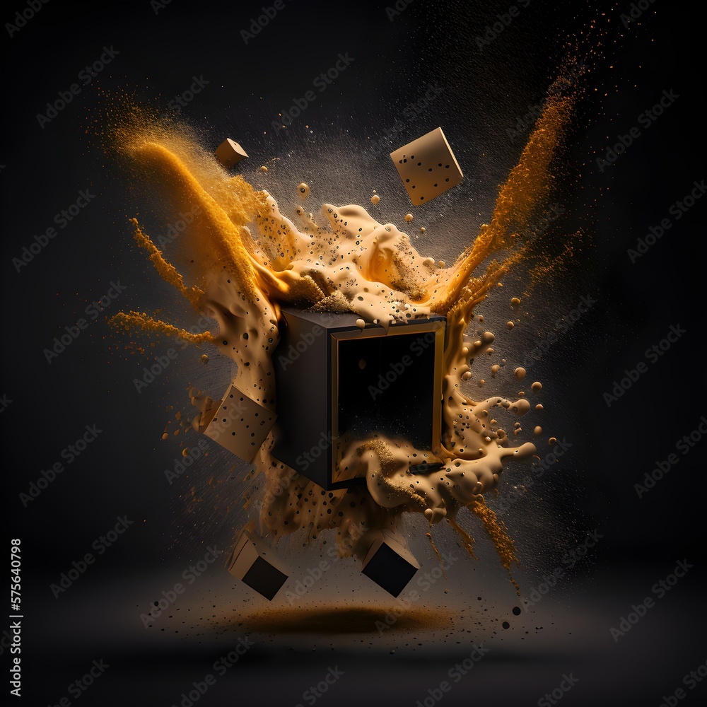 black box exploding golden powder lights black gold glowing ...
