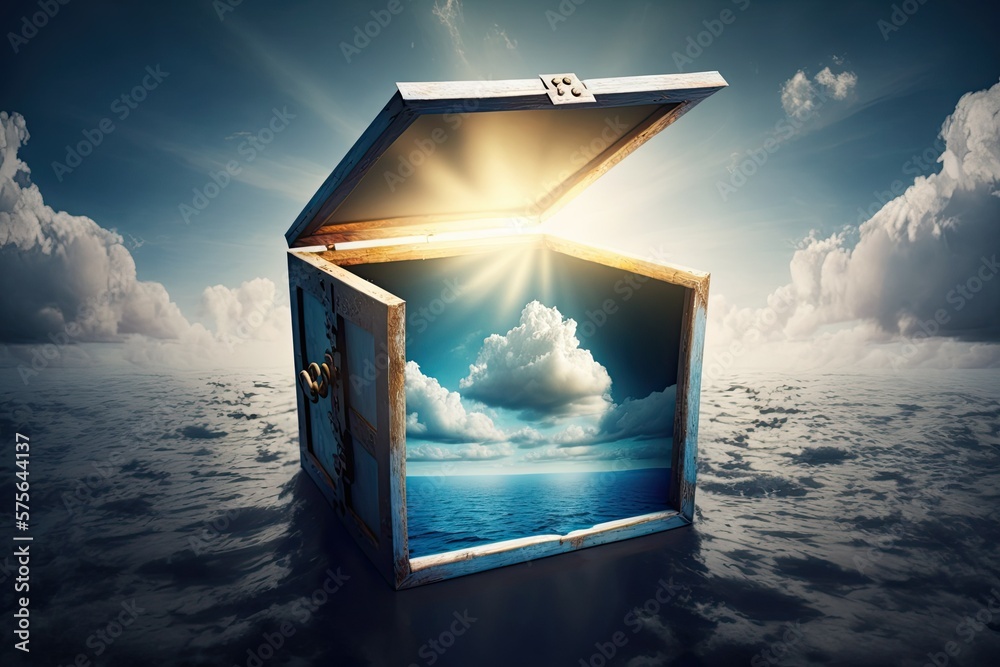 High contrast photograph shows a treasure box lying open at the bottom ...