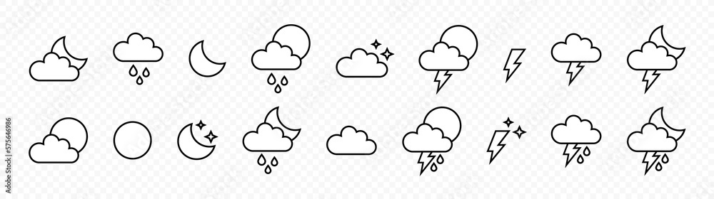 Weather. Linear flat weather icons. Weather forecast icons isolated on ...