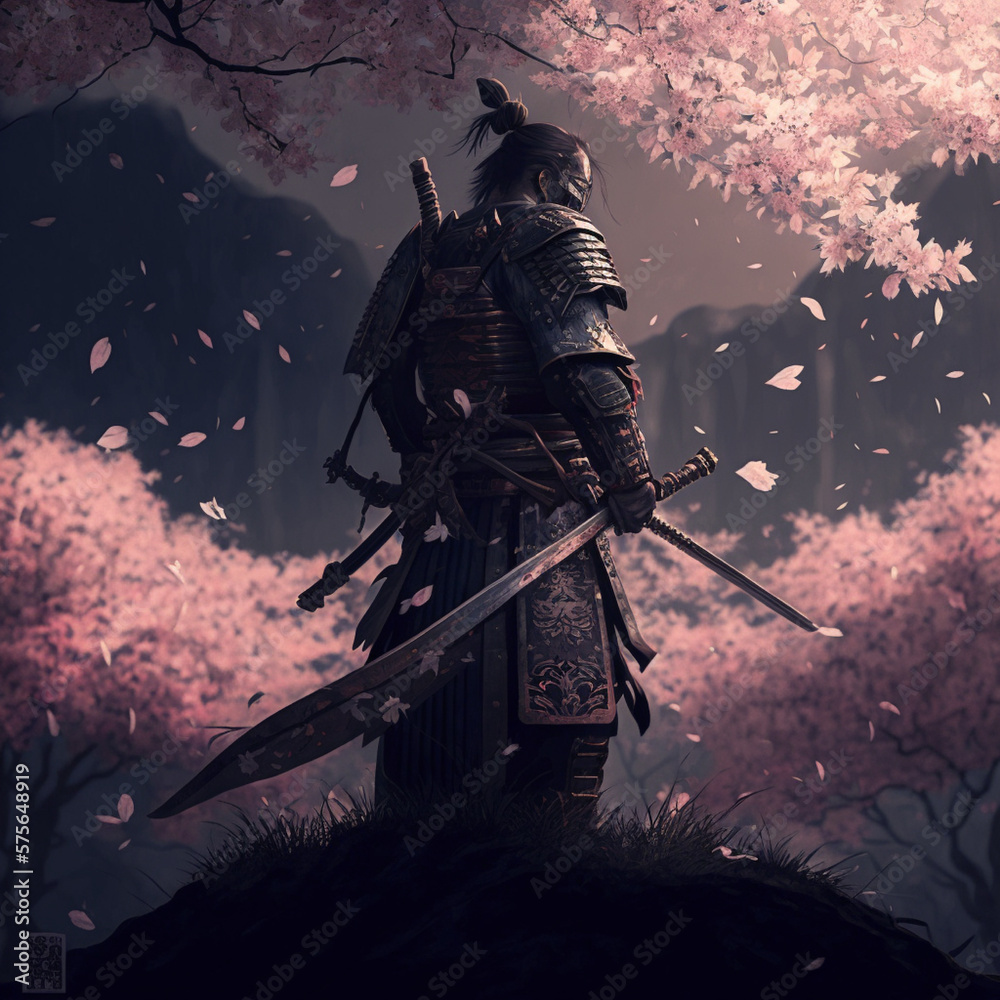 Samurai in armor, with katana. Sakura tree on the background. AI ...