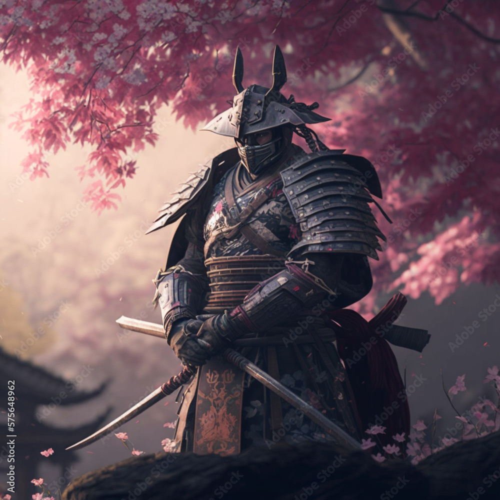 Samurai in armor, with katana. Sakura tree on the background. AI ...