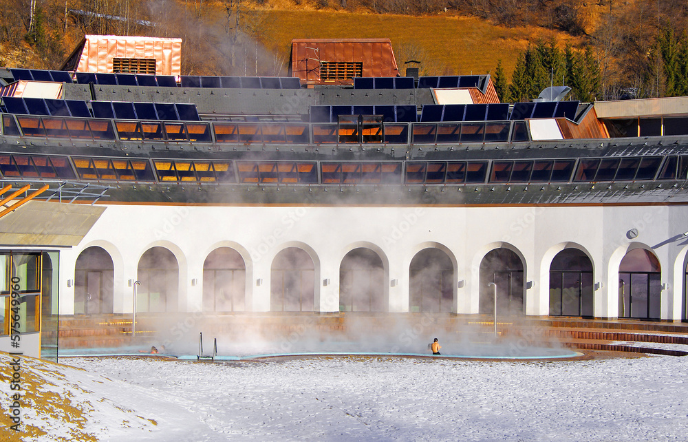 Thermal baths directly under the ski slope in the tourist resort Bad ...