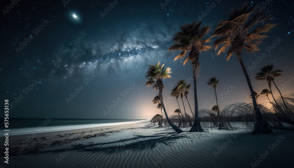 Starry night sky with tropical beach coast, sea sand shore with exotic ...
