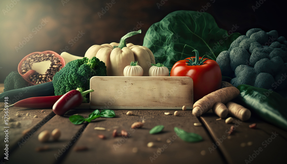 Different vegetables with wooden empty name plate, healthy food ...
