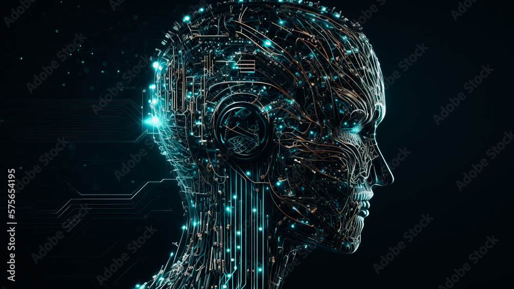 Artificial intelligence. Human head outline with circuit board inside ...