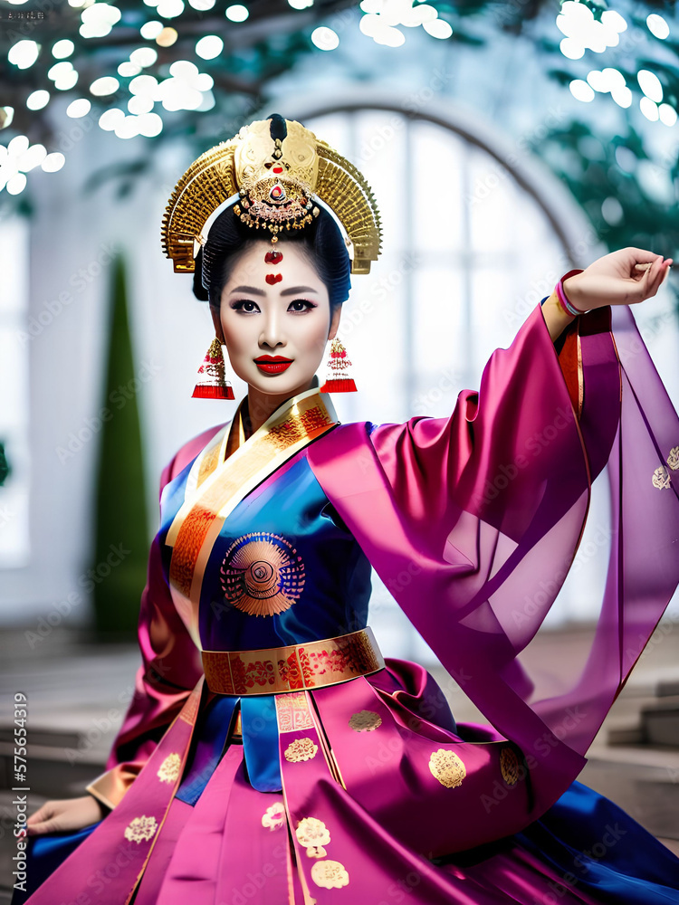 asian woman emperor pose wearing local traditional dress, generative ...