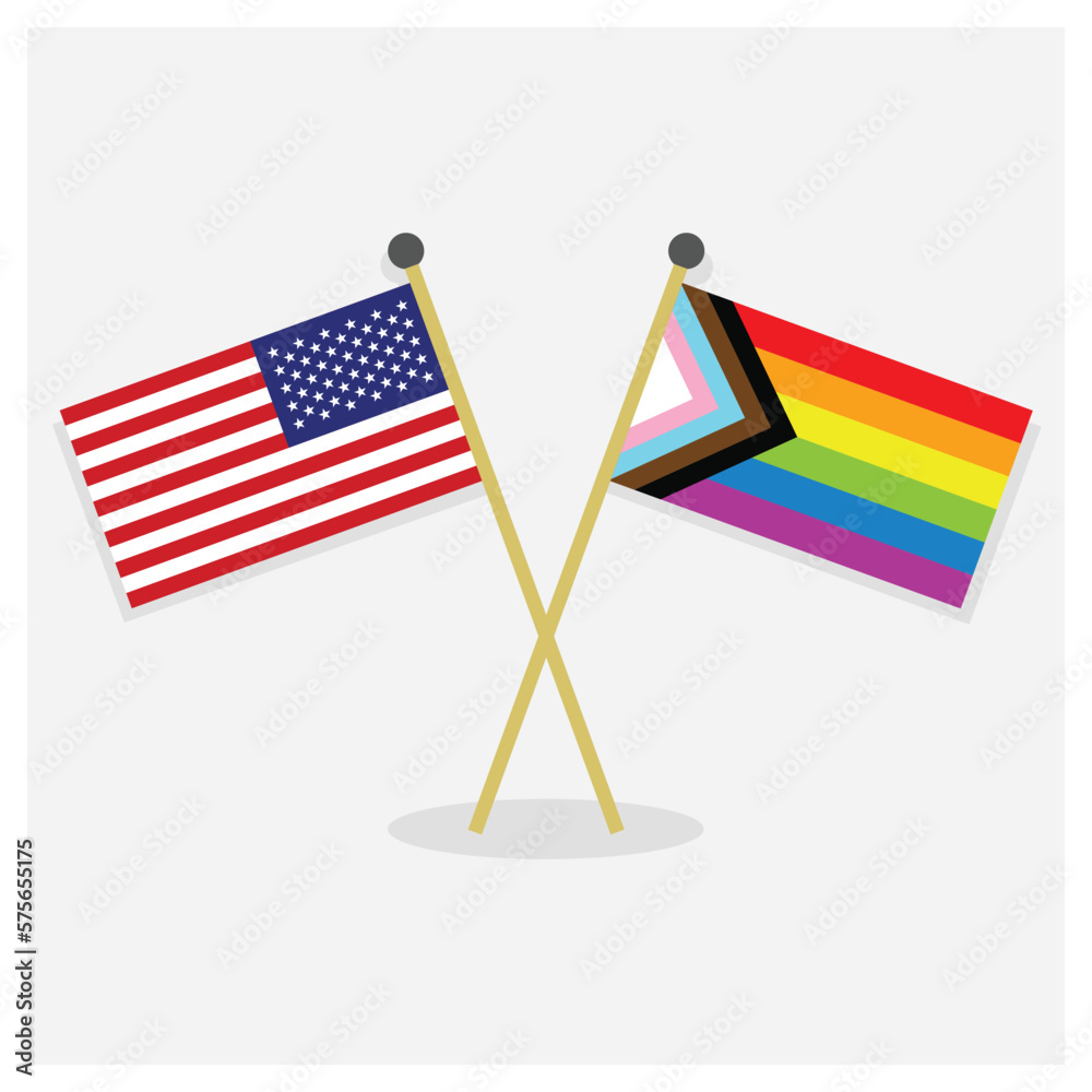 Crossed United States of America flag and new colorful LGBTQ+ rainbow ...