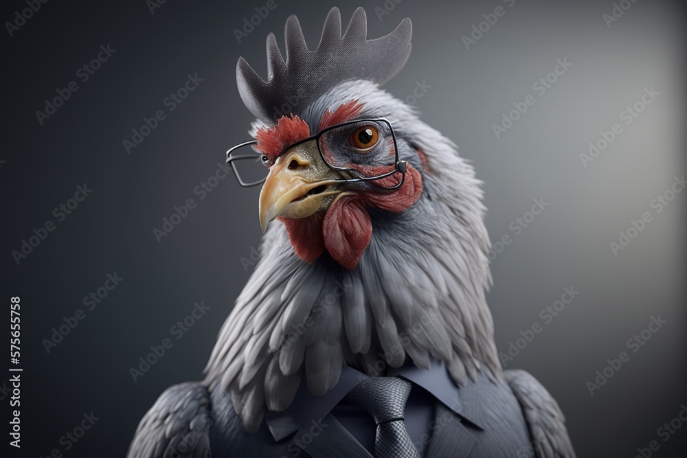 Chicken in business suit. Photorealistic studio shot with grey ...