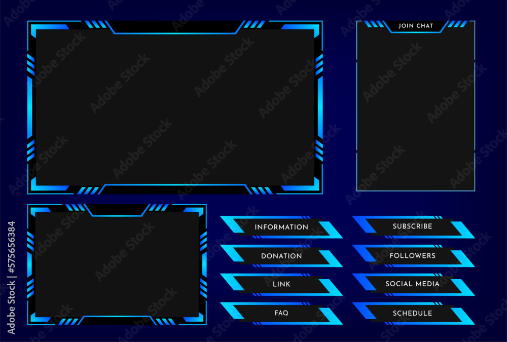 Twitch stream overlay panel template with bluetheme. Digital streaming screen interface. Live ...