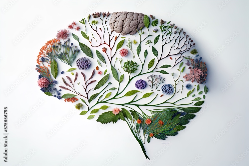 Human brain anatomy concept made of leaves and flowers on isolated ...