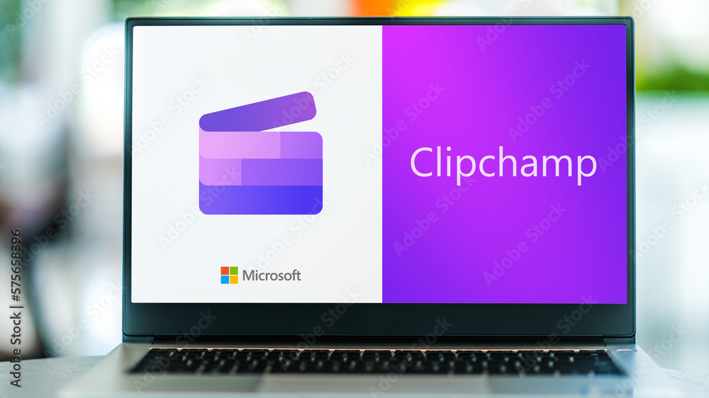 Laptop computer displaying logo of Clipchamp Stock Photo | Adobe Stock