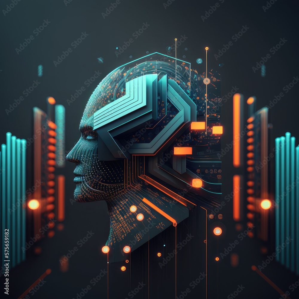 The technological design shows a futuristic android face with gears and ...