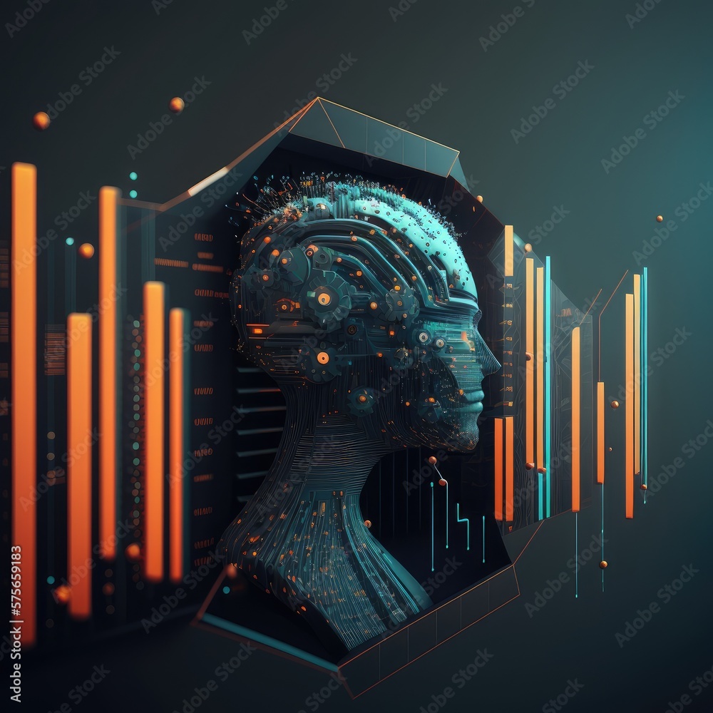 The technological design shows a futuristic android face with gears and ...