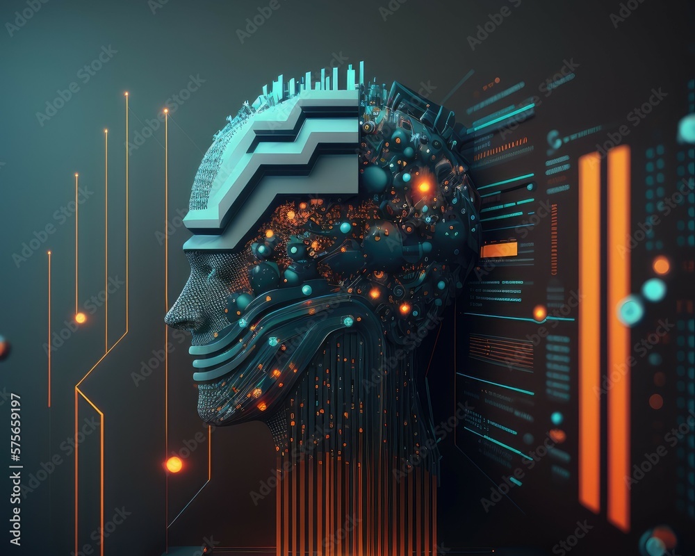 The technological design shows a futuristic android face with gears and ...