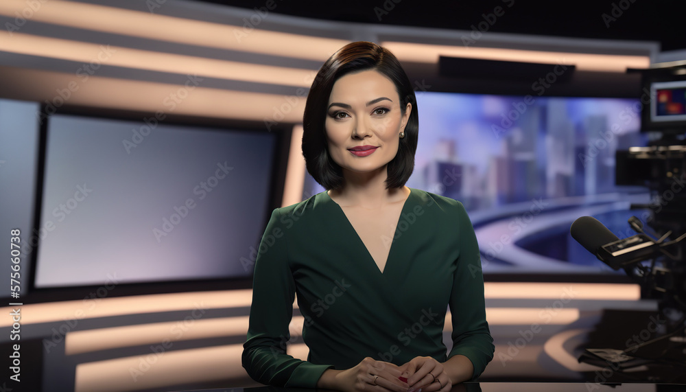 Beautiful female TV show news presenter, newsreader woman in studio. AI ...