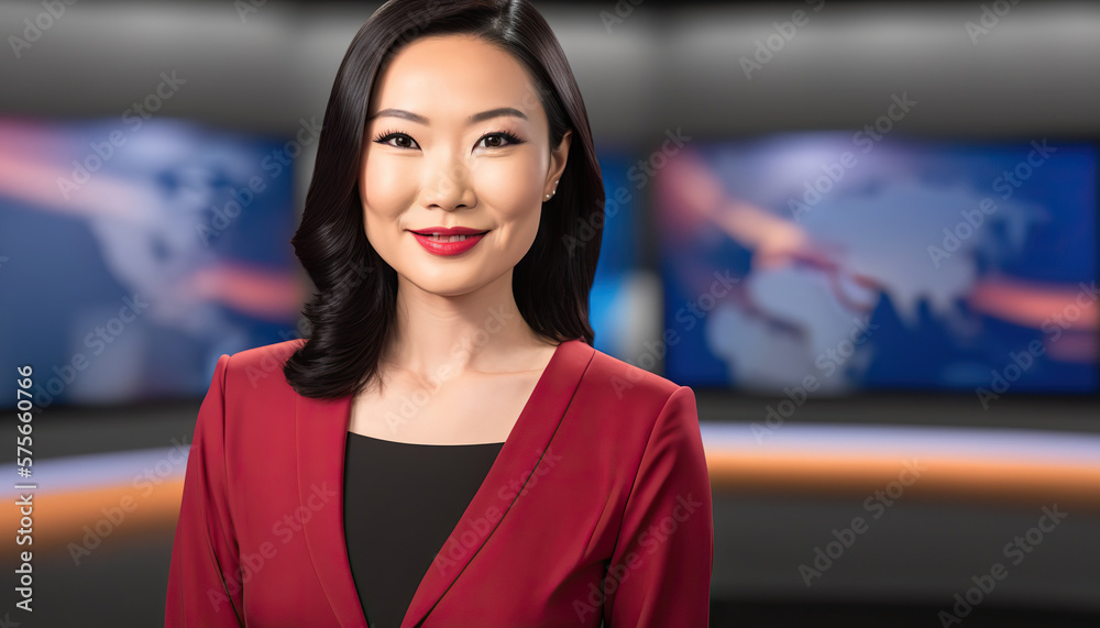 Beautiful happy Asian female TV show news presenter, newsreader woman ...