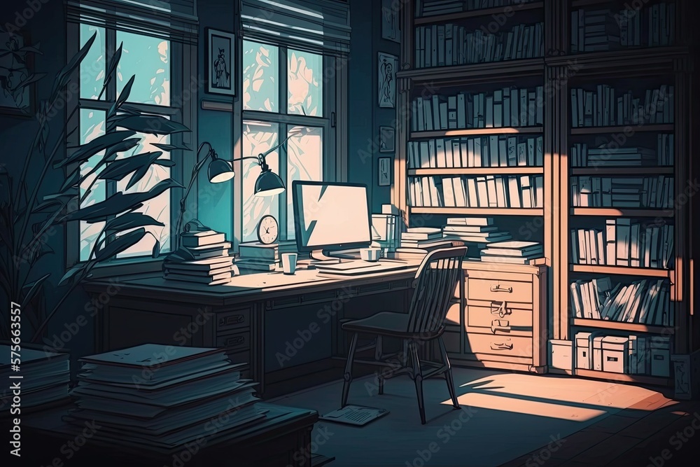 A quiet, relaxing, and peaceful library. Sunset lighting inside an ...