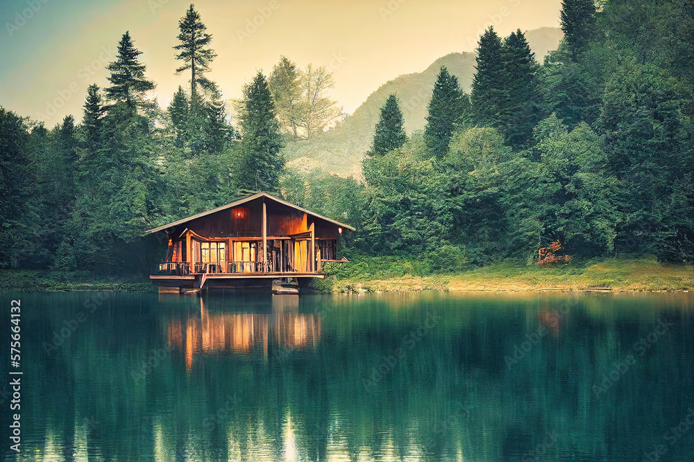 Wood cabin on the lake - log cabin surrounded by trees, mountains, and ...