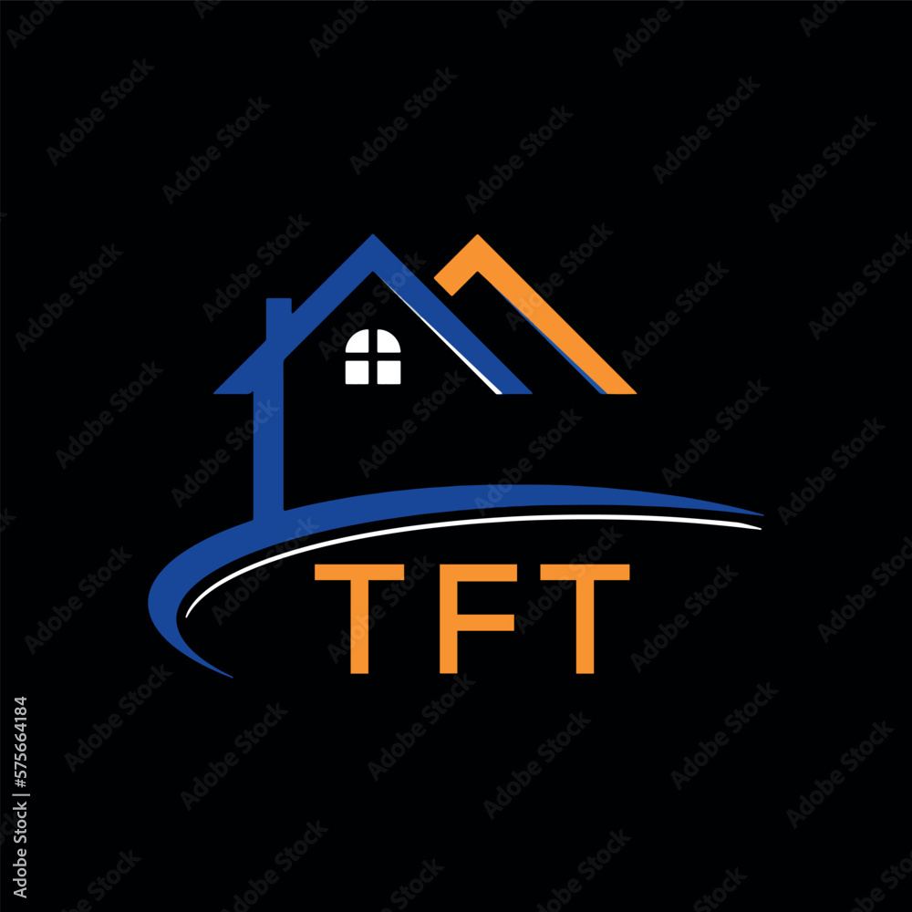 TFT house logo, letter logo. TFT blue image on black background and ...