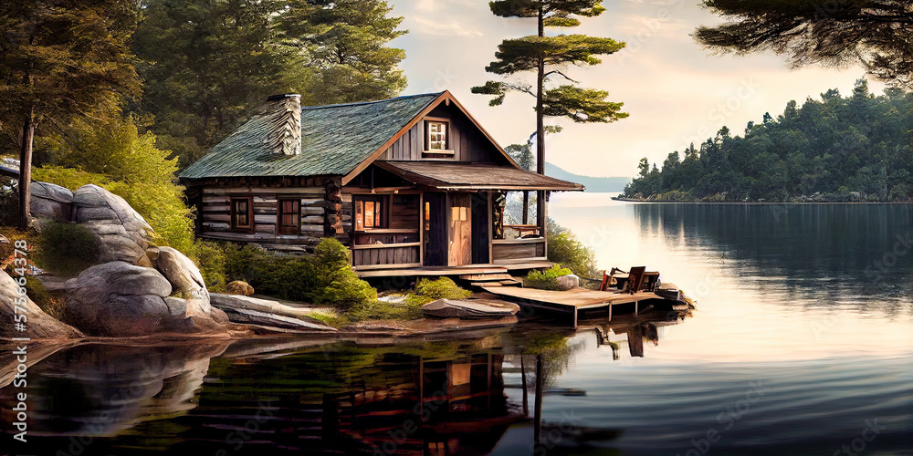 Wood cabin on the lake - log cabin surrounded by trees, mountains, and ...
