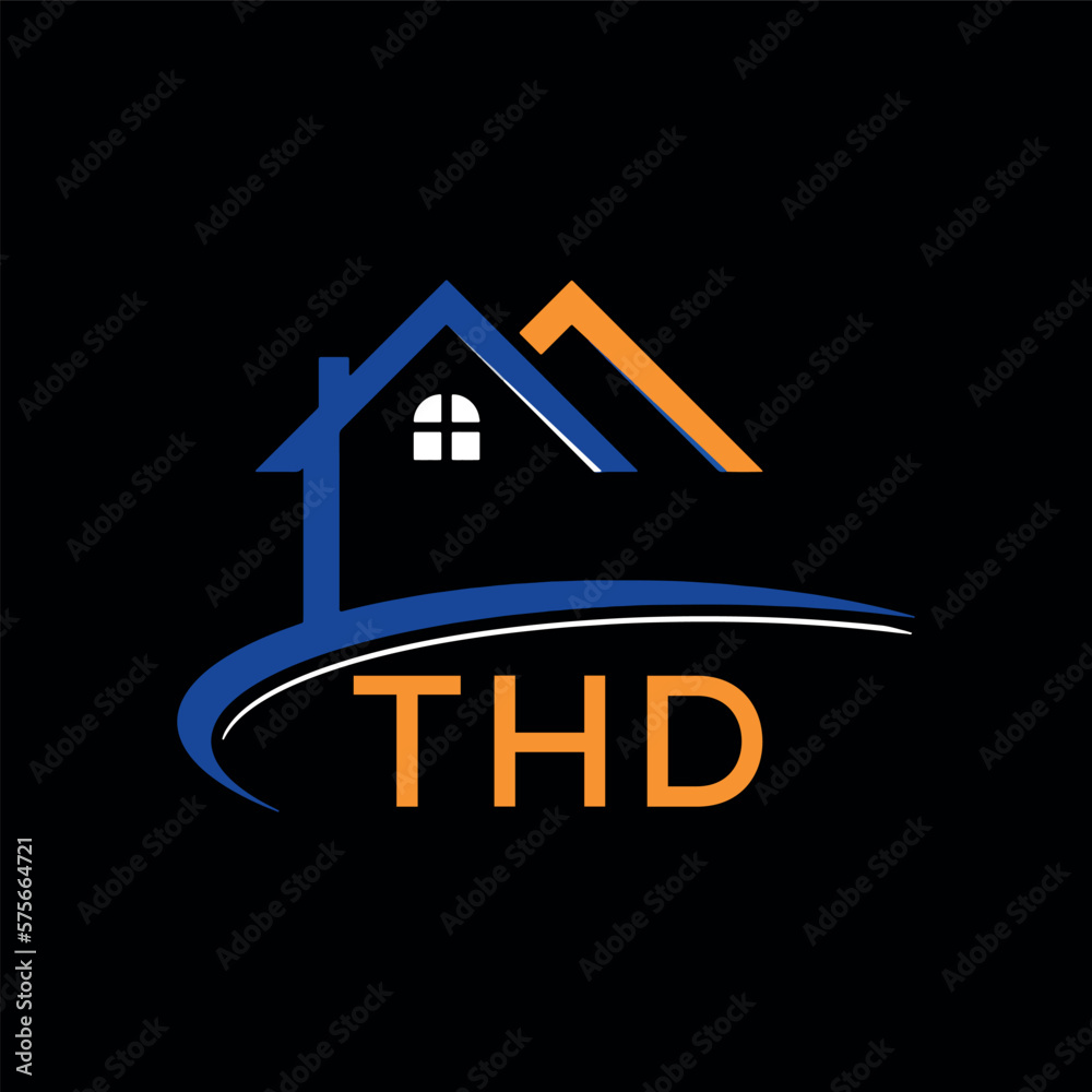 THD house logo, letter logo. THD blue image on black background and ...