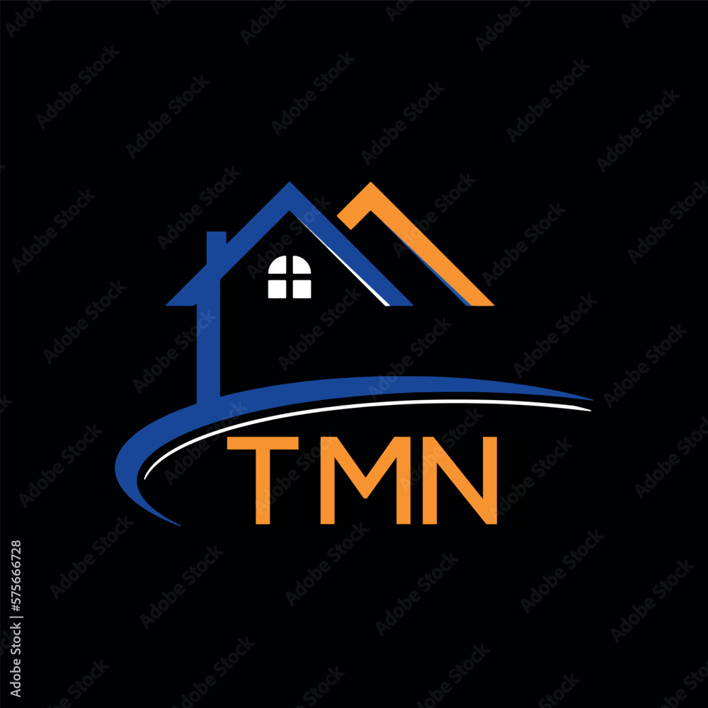 TMN house logo, letter logo. TMN blue image on black background and ...