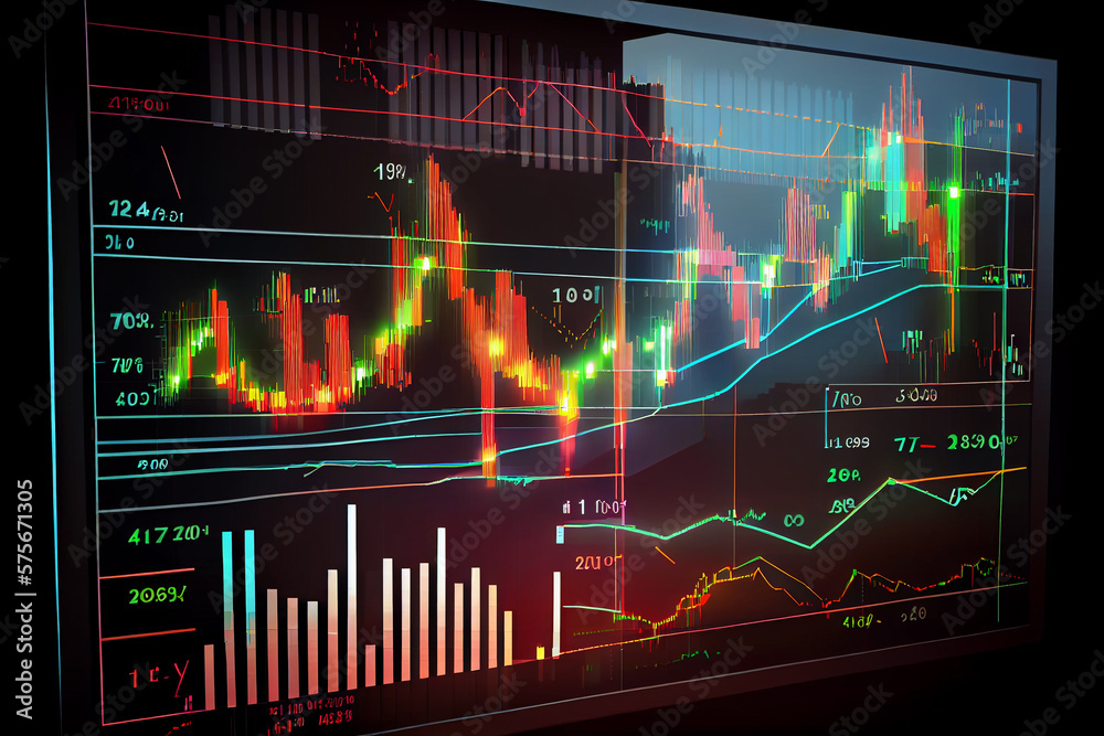 Forex chart with statistic data and market quotes on digital screen ...