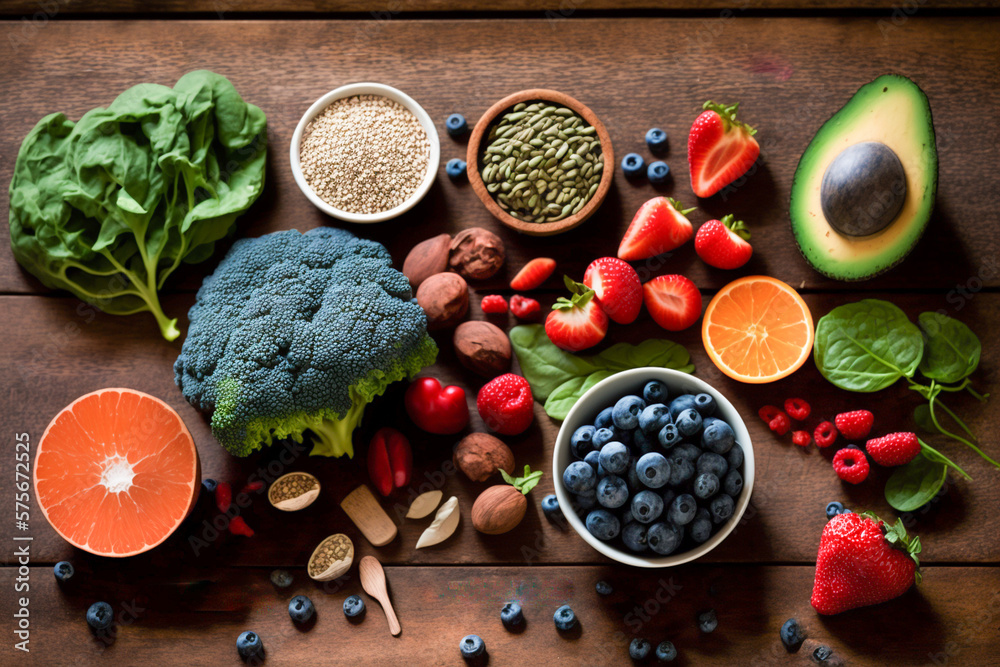 Overhead view on superfoods selection consist of fruits, berries, seeds ...