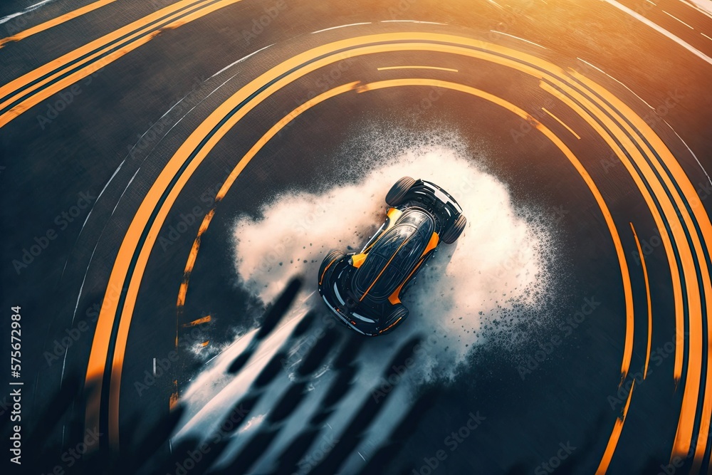 The automobile was drifting, Top down aerial view of a skilled race car ...