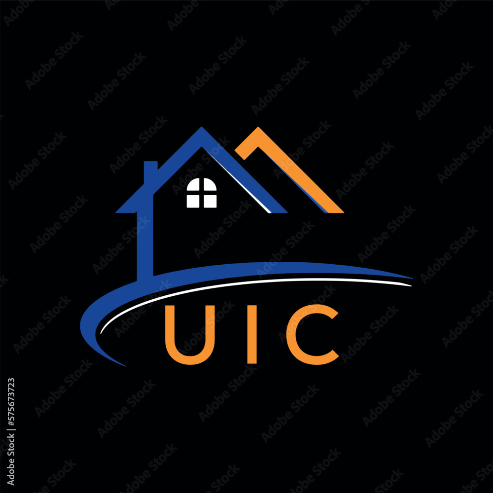 UIC house logo, letter logo. UIC blue image on black background and ...