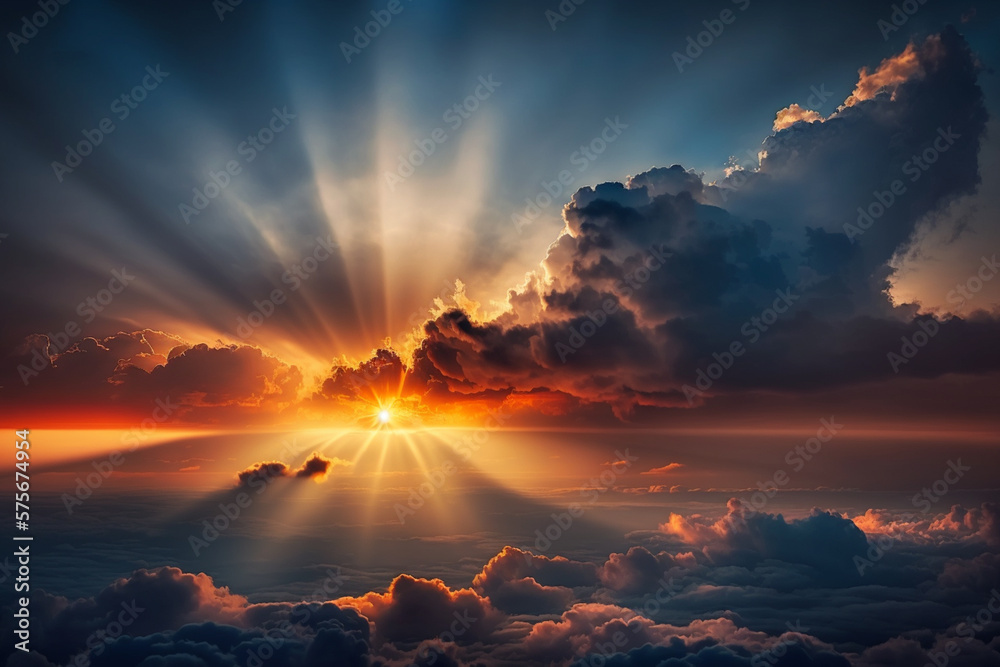 Sunrise dramatic blue sky with orange sun rays breaking through the ...
