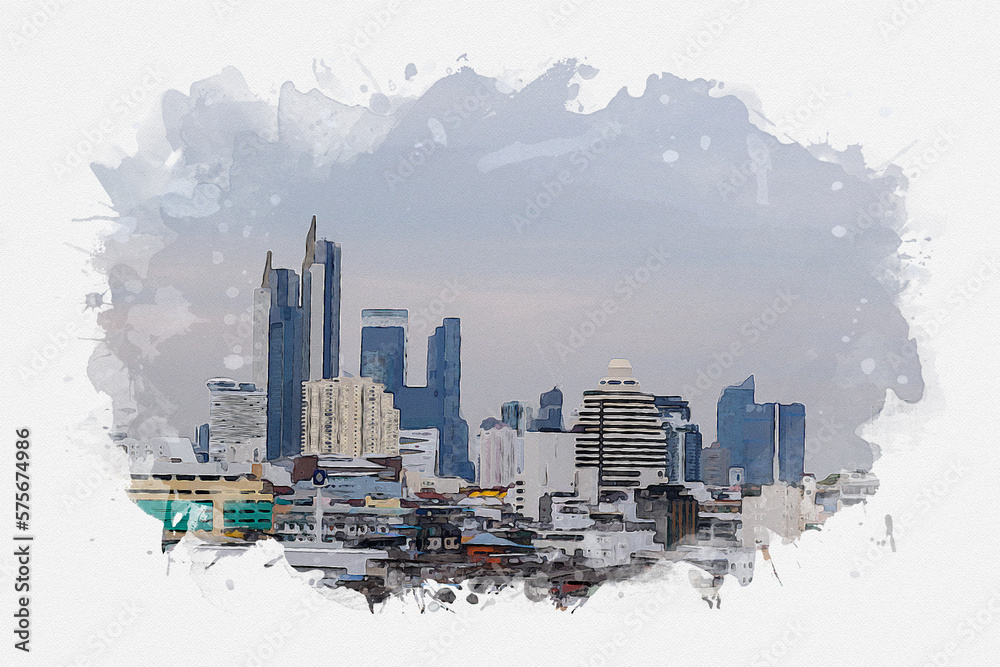 Watercolor drawing picture of downtown and famous landmark at Bangkok ...