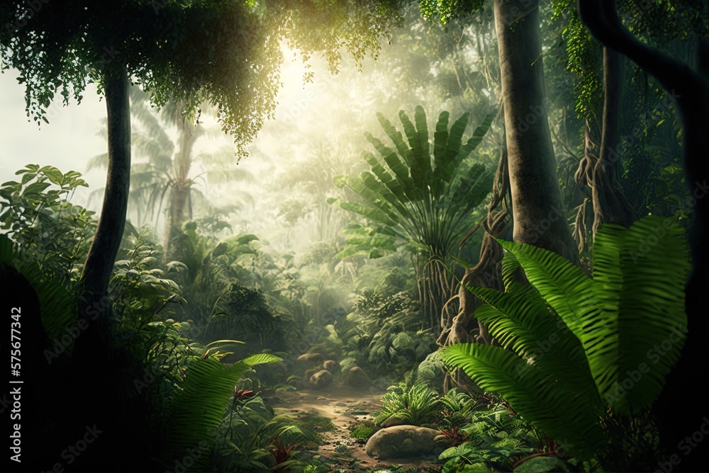 a midday jungle scene with trees and shrubs, ideal for conveying ideas ...