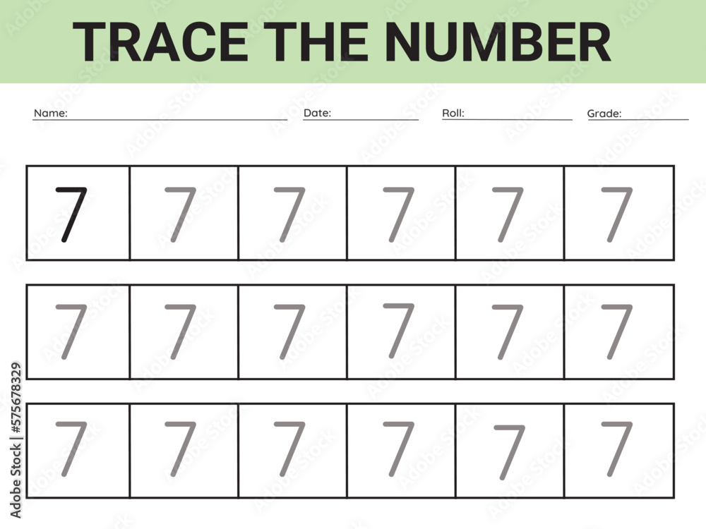 Number 7. card for kids learning to count and to write, worksheet for ...
