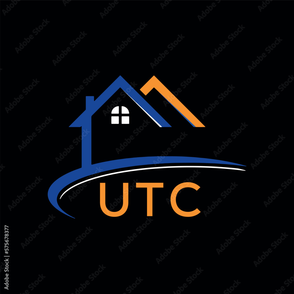 UTC house logo, letter logo. UTC blue image on black background and ...