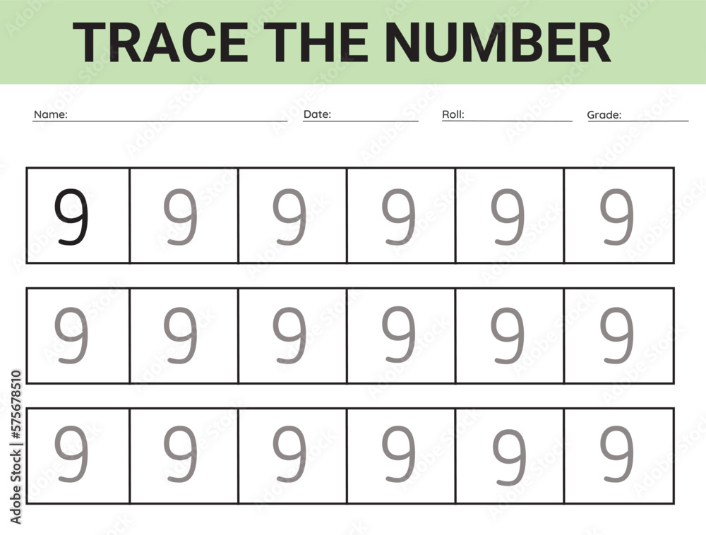 Number 9. card for kids learning to count and to write, worksheet for ...
