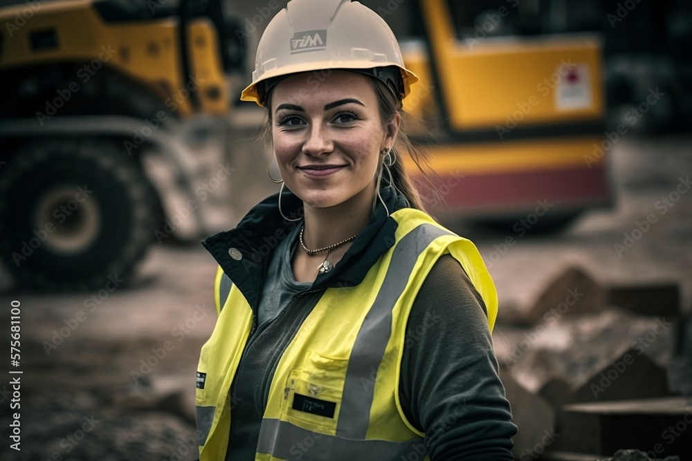 young working trans woman in uniform full body on a construction site ...