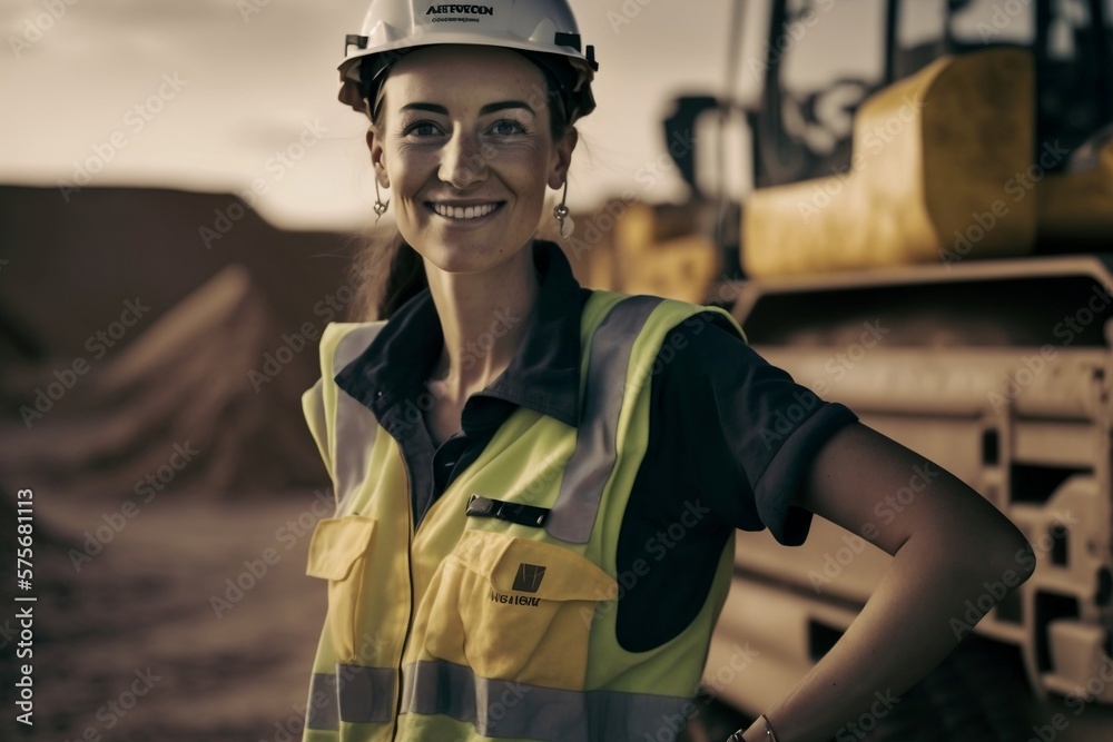 young working trans woman in uniform full body on a construction site ...