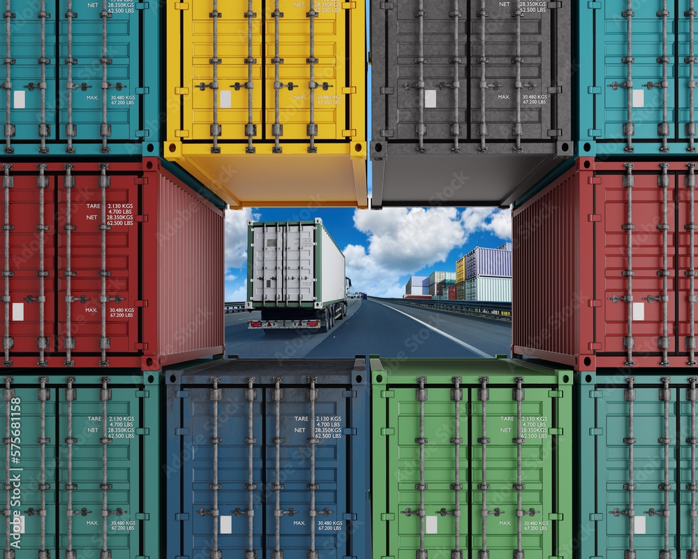 Logistic transportation. Road in truck among containers. Truck is ...