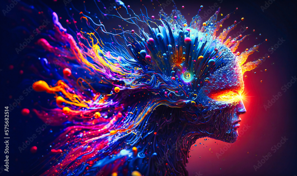 A vibrant and explosive depiction of the human mind bursting with a ...