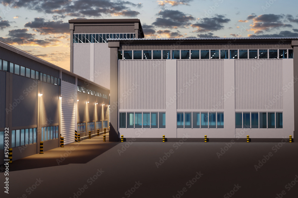 Warehouse buildings. Territory logistics center in evening. Warehouse ...