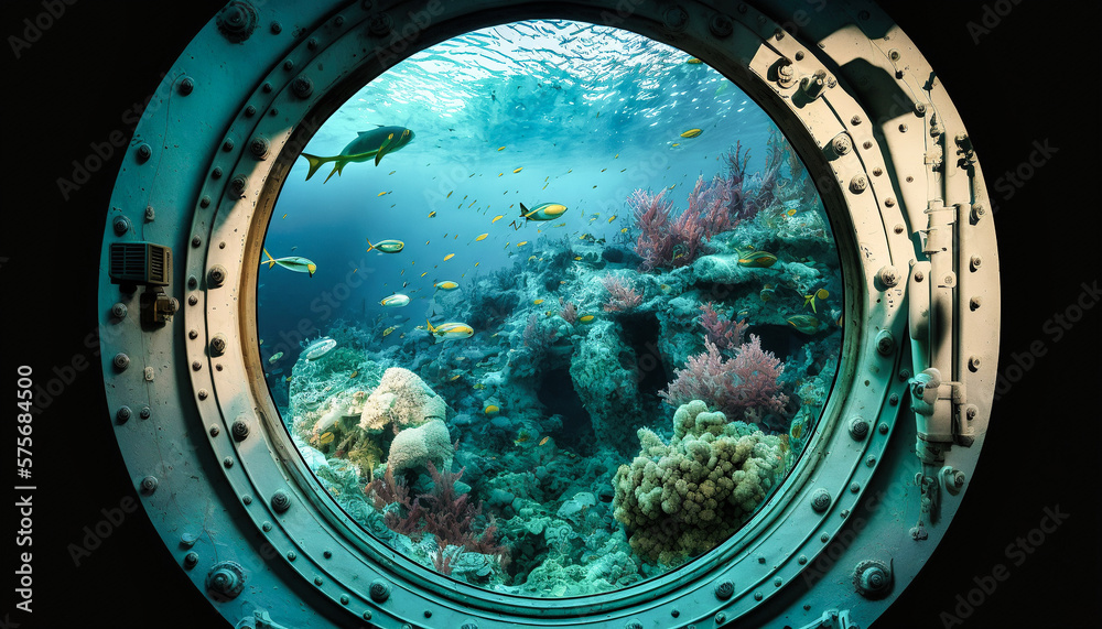 View of underwater life through the window of a submarine - generative ...